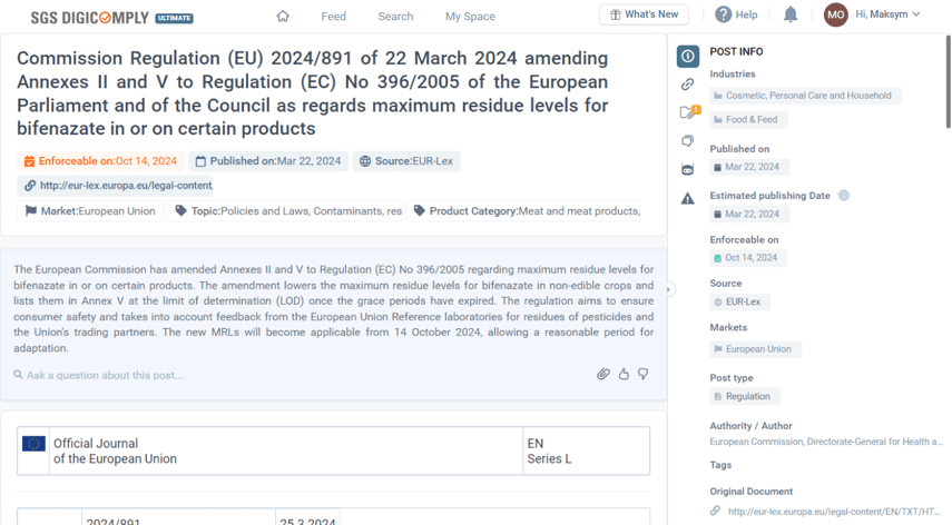 EU Regulation 2024/891: Revised Bifenazate MRLs Effective October 14, 2024